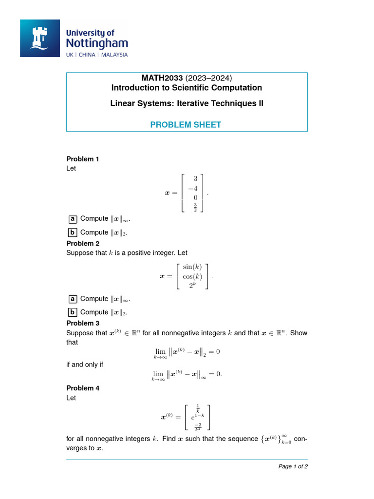 Linear Systems Iterative Techniques Ii Problem Sheet Pdf Algorithms Mathematics Of Computing
