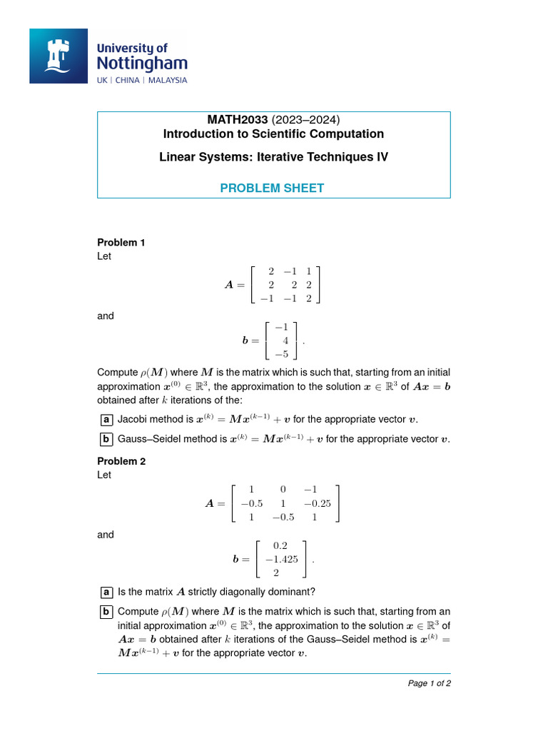 Linear Systems Iterative Techniques Iv Problem Sheet Pdf Mathematical Analysis Algorithms