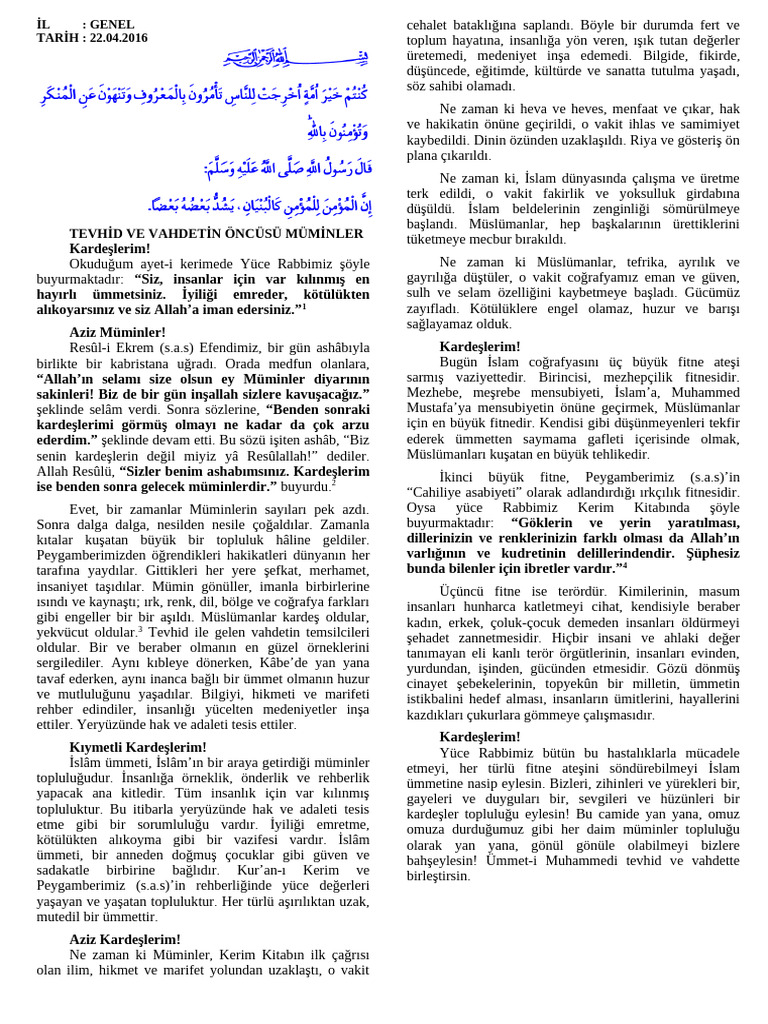 22 04 2016 Tevhid Ve Vahdetin Ncs Mminler | PDF