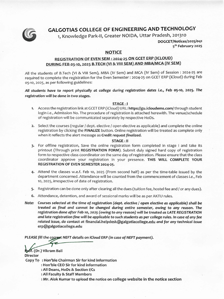 Notice Regarding Registration Even Sem 2024-25 | PDF