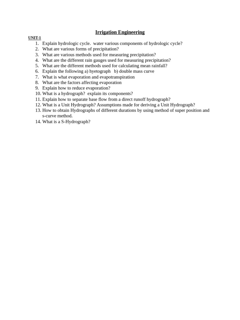 Irrigation Engineering Unit 1 Question Bank Pdf