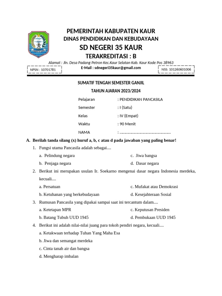 Soal STS 1 PEN PANCASILA Kelas 4 | PDF