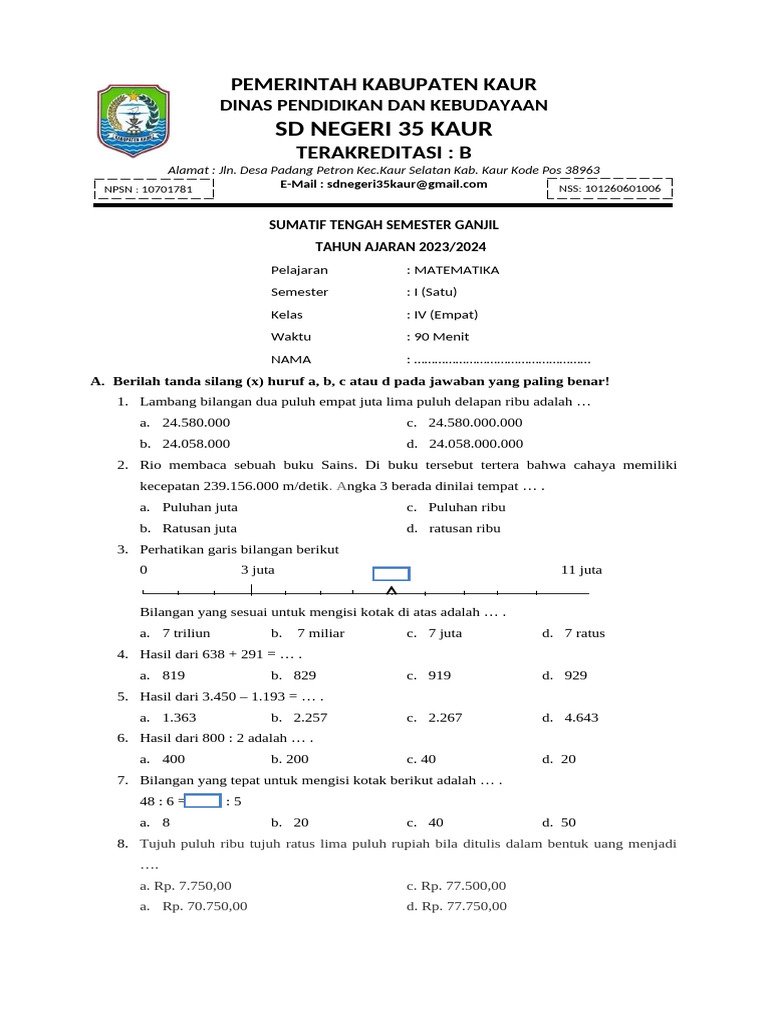 Soal STS 1 MTK Kelas 4 | PDF