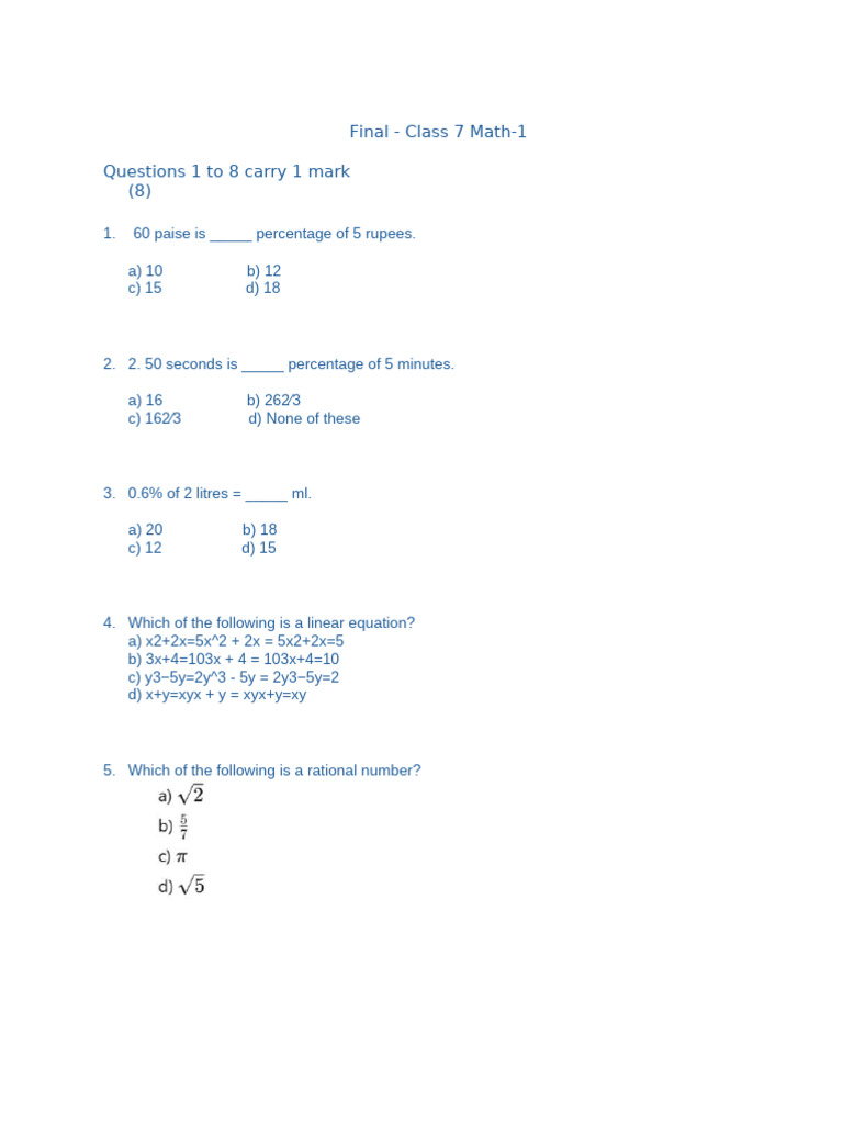 Class 7 Maths Question Paper | PDF