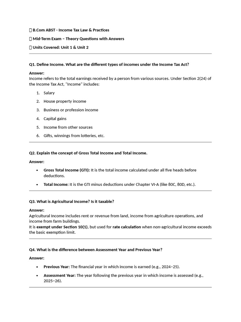 Income Tax Unit 1 and 2 Questions | PDF | Income | Income Tax