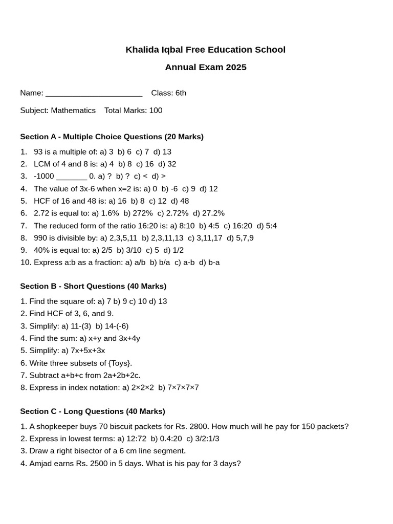 Math Exam for 6th Grade Students | PDF
