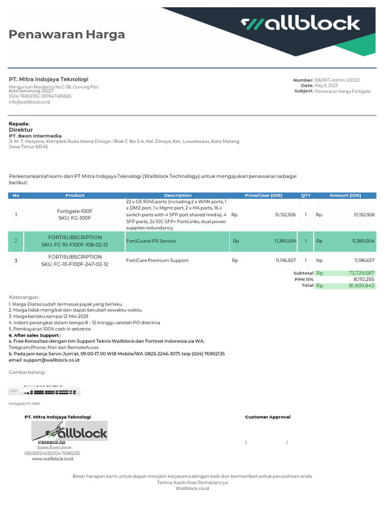 106 - Quotation - FG100F Fortiguard IPS Non DRMA - PT. Beon Intermedia ...