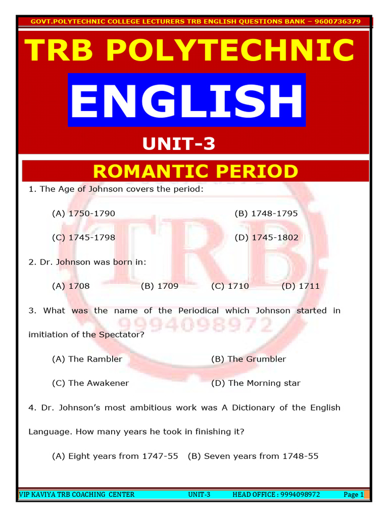 Polytechnic TRB English Unit 3 Study Model Question Paper PDF Download | PDF