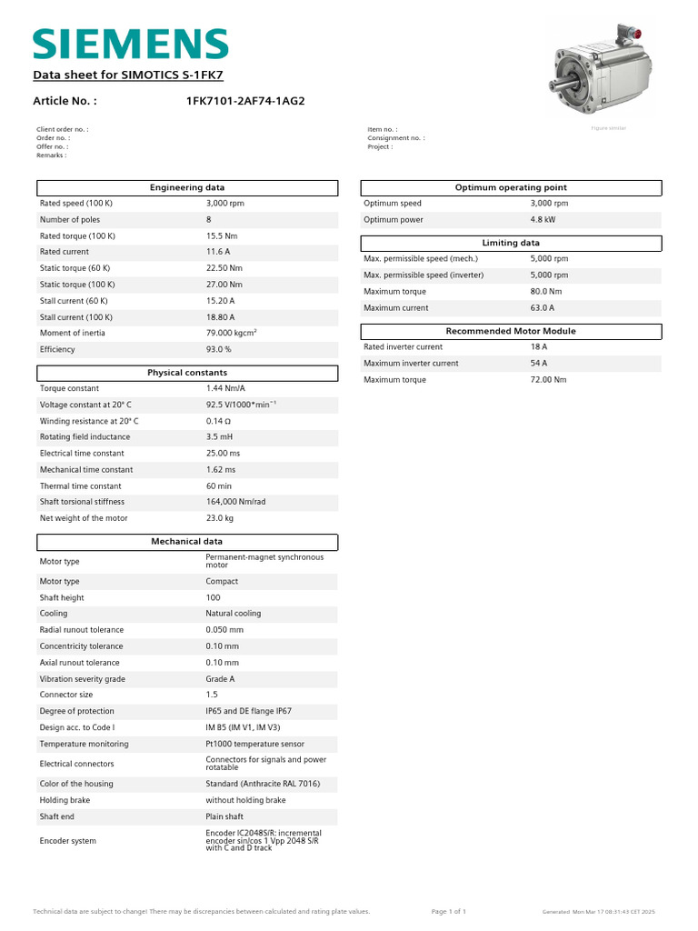 SIMOTICS S-1FK7 Motor Data Sheet | PDF | Electric Motor | Power Inverter