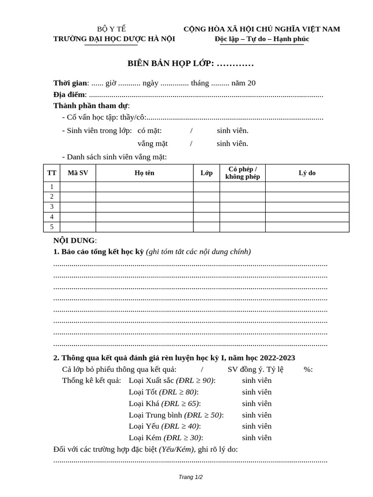 M1. Bien Ban Tong Ket Lop | PDF
