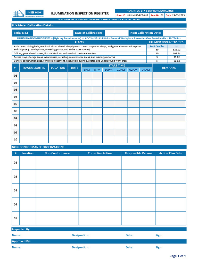 Illumination Inspection Register HSE | PDF | Lighting