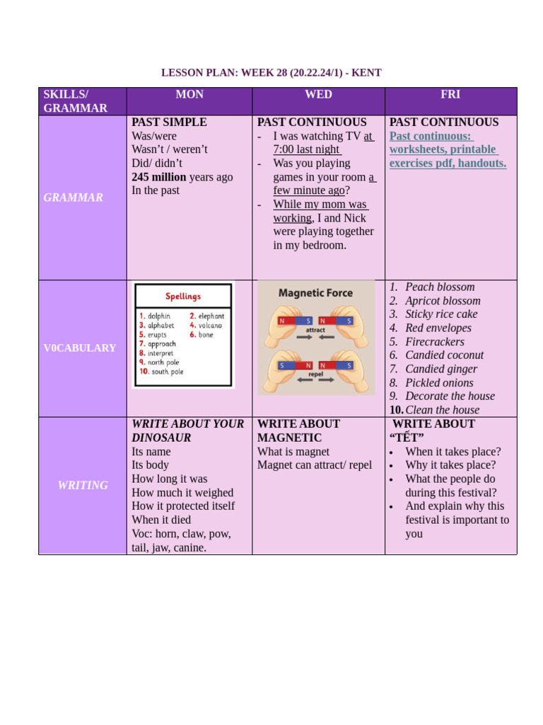 Week 28 Lesson Plan: Past Tense & Writing | PDF | Asian Cuisine | Cuisine