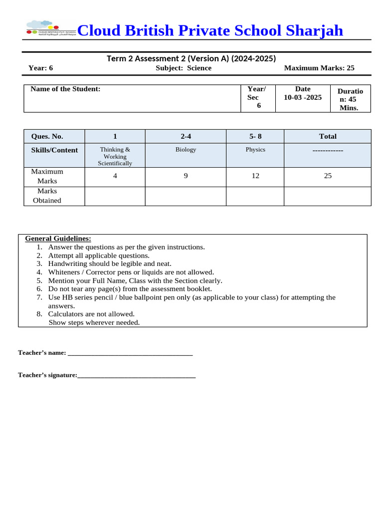 Science - Y6 - Term 2 - Assessment 2 (2024-2025) Version A - (2) Answer ...