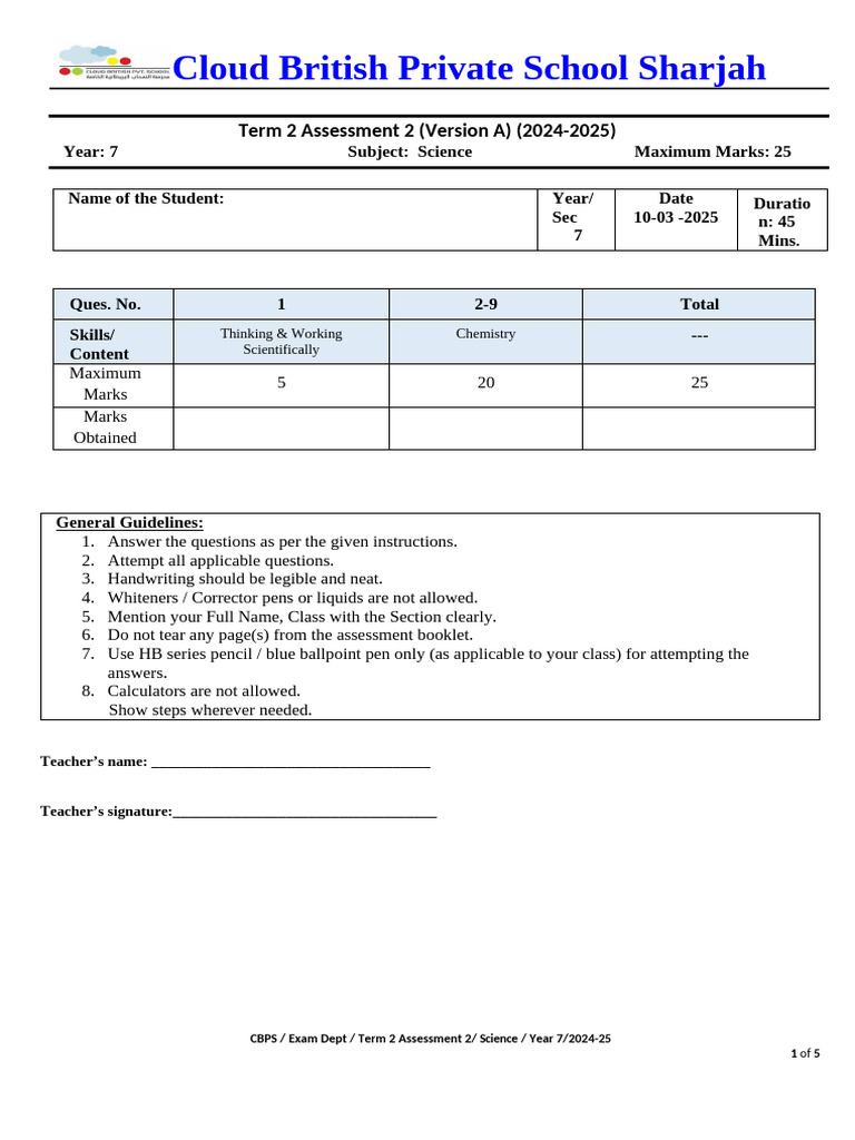 Science - Y7 - Term 2 - Assessment 2 (2024-2025) Version A - Answer Key ...