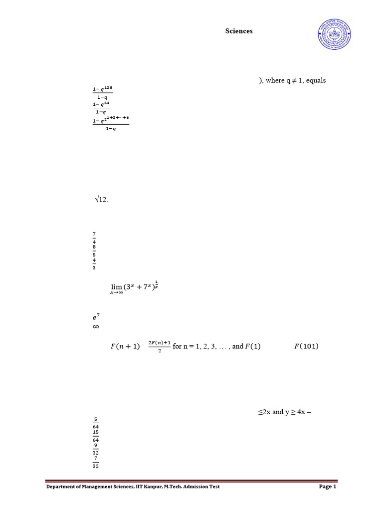 IITK DoMS MTech Sample-Question Paper-01-04-25 | PDF | Mathematics