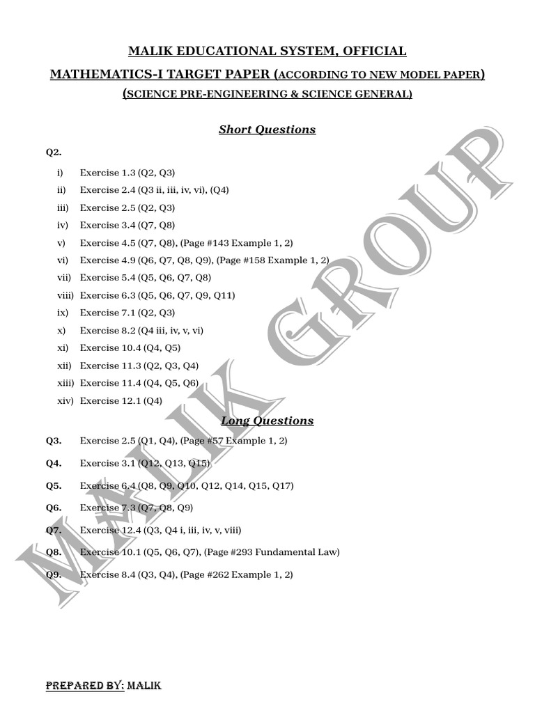 Xi Math Target Paper 2025 - Malik | PDF