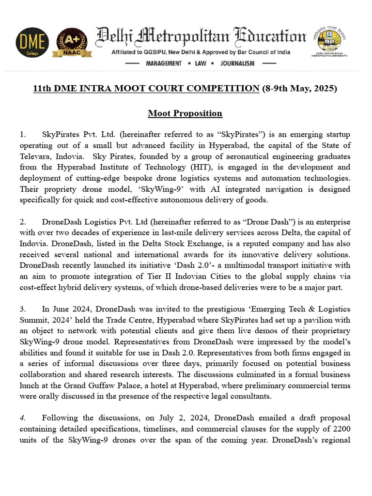 Moot Proposition - Intra Moot Court COMPETITION - 2025 | PDF | Liquidated Damages | Damages