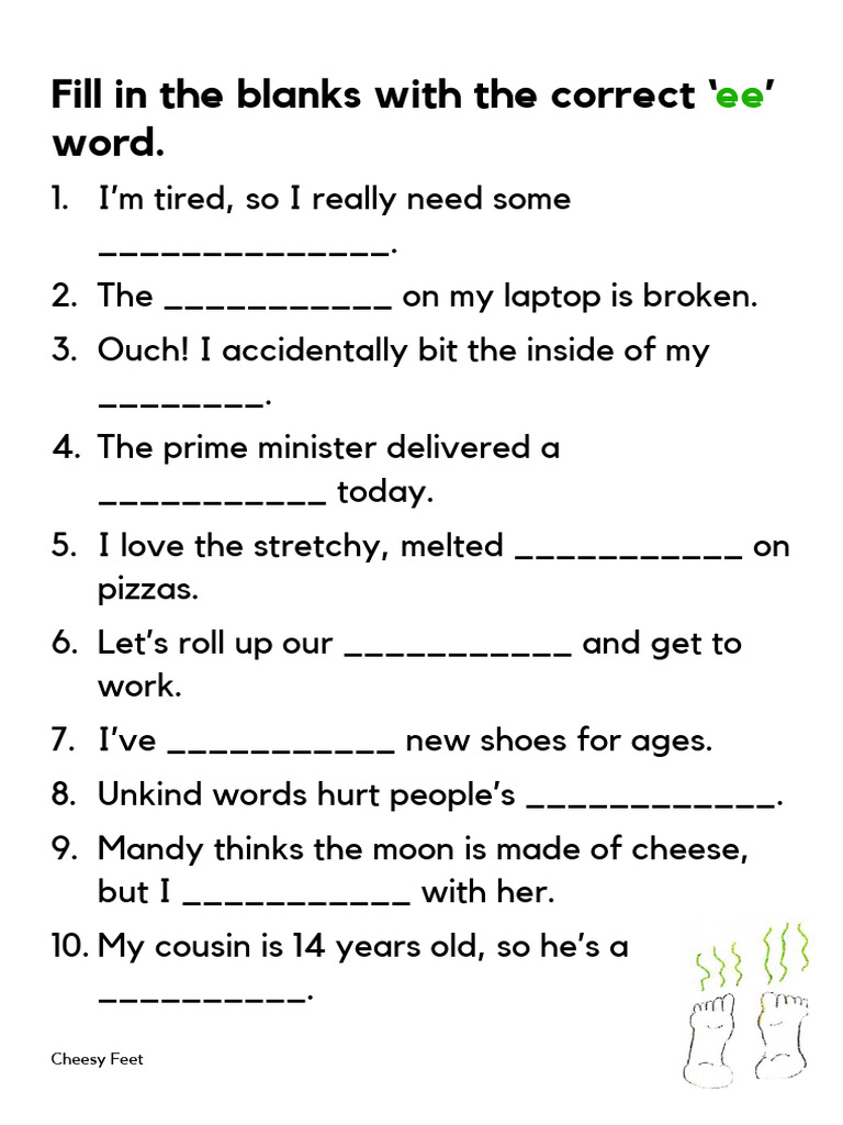 Cheesy Feet Cloze Sheet | PDF