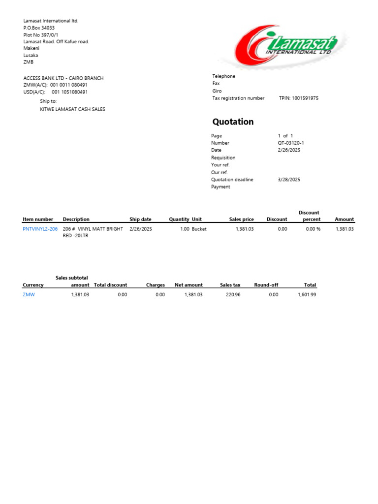 Lamasat Kitwe Sales Invoice Summary | PDF