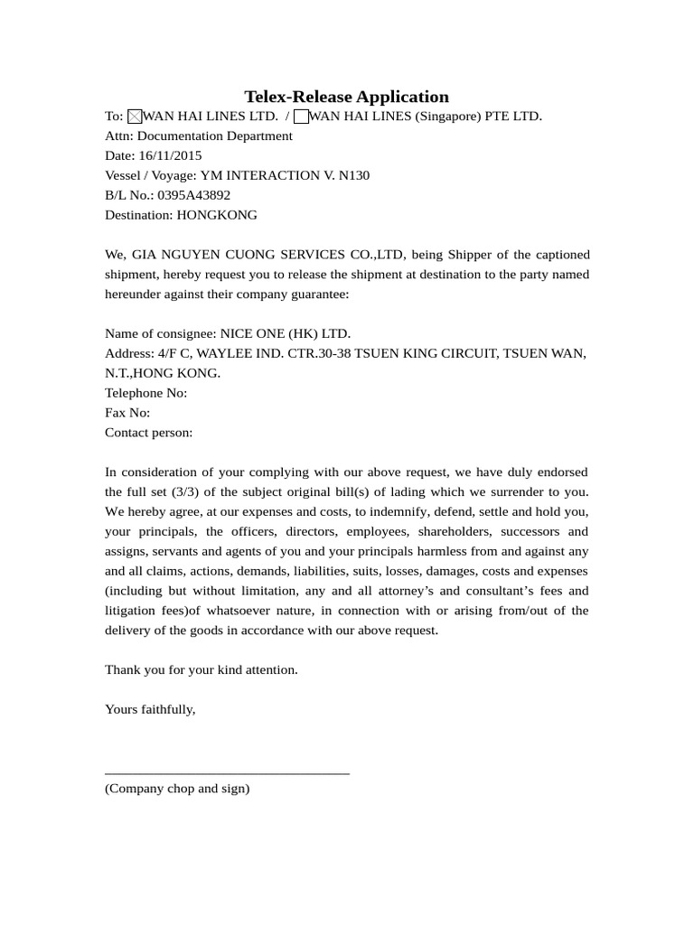 Telex Release Application | PDF