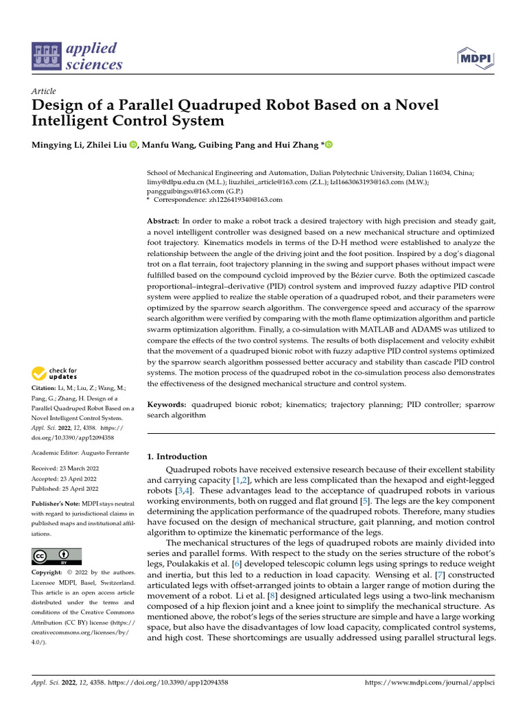 [1]2022 Design of a Parallel Quadruped Robot Based on a Novel | PDF | Kinematics | Robot