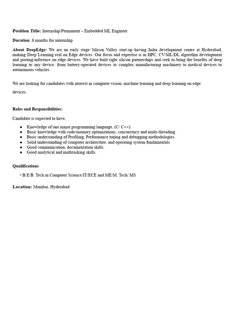 JD - Embedded ML Engineer | PDF