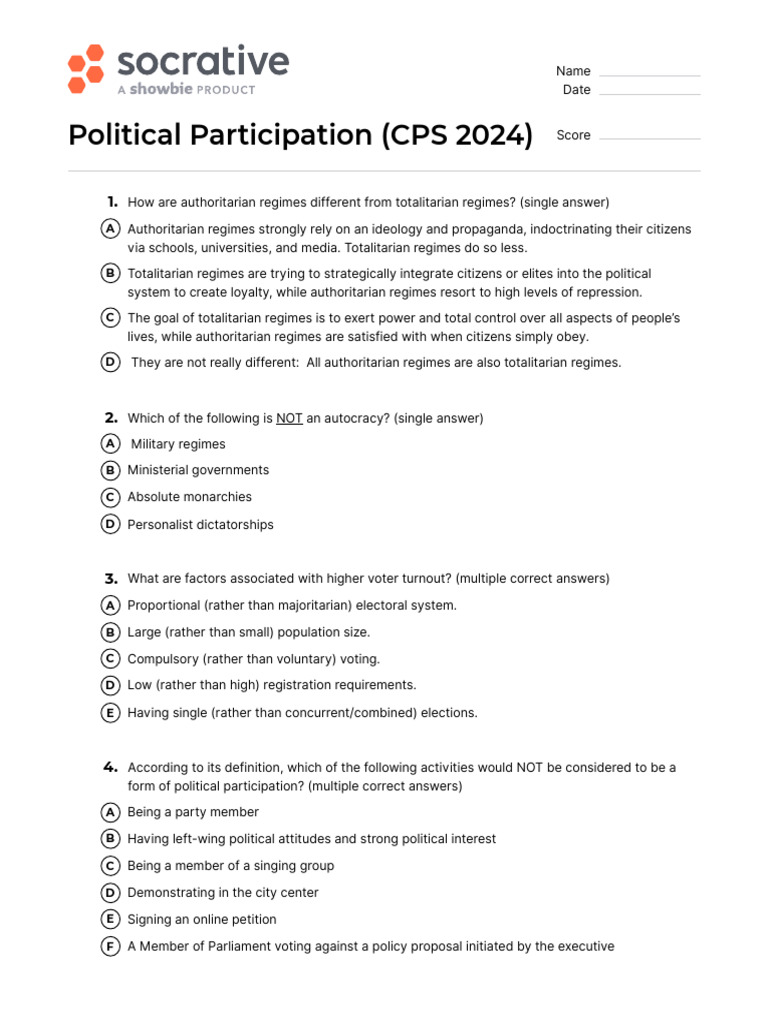 Quiz - Political Participation (CPS 2024) | PDF
