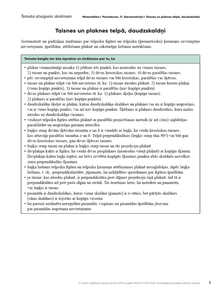 Stereometrija I Taisnes Un Plaknes Telpa Daudzskaldni Temata Atsegums ...