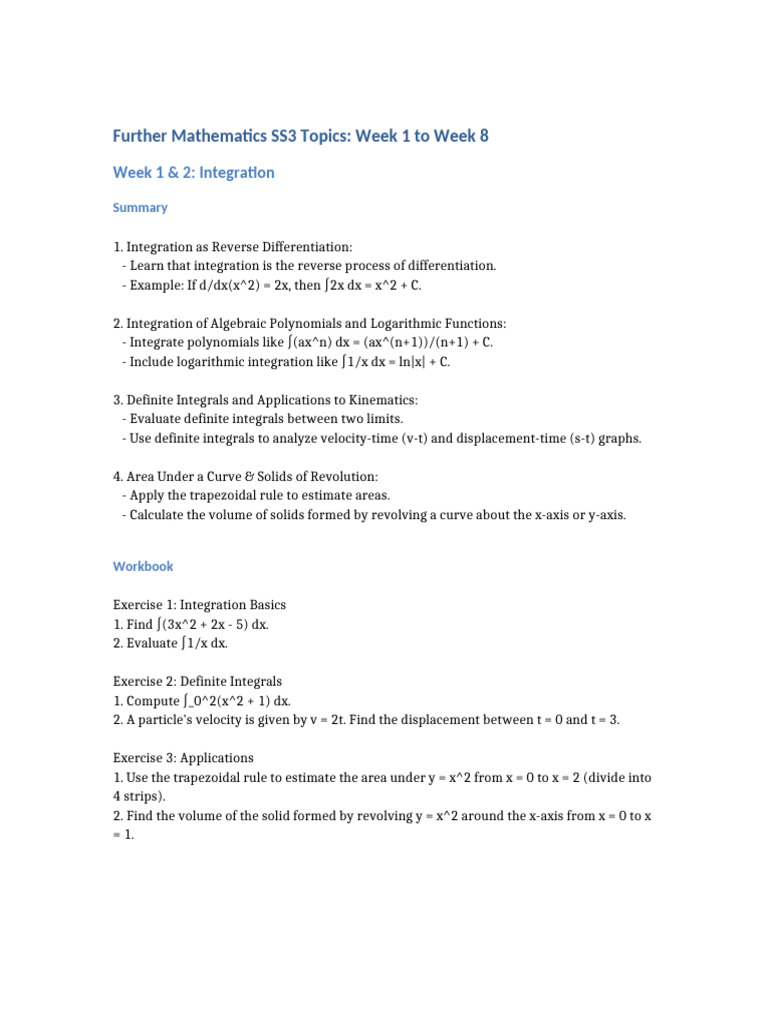 Further Mathematics SS3 Workbook | PDF | Integral | Equations