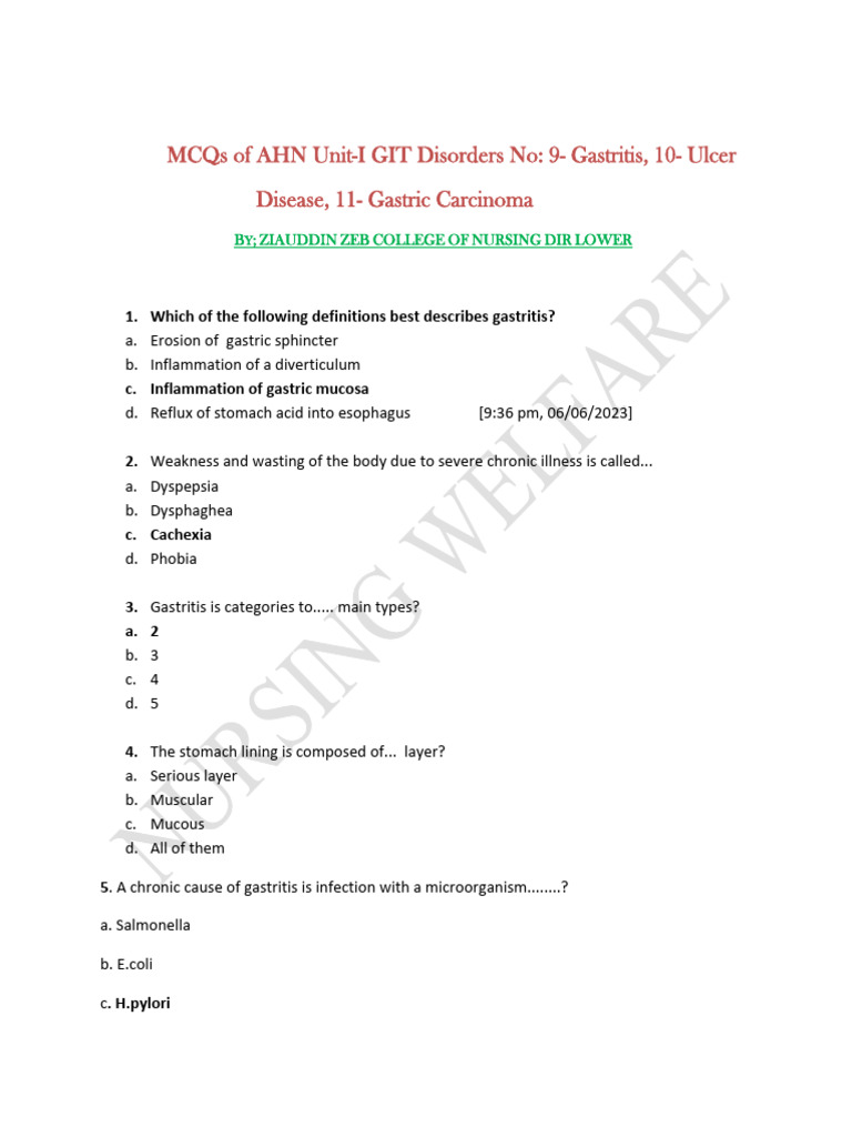 MCQs of AHN Unit-1GIT Disorders Gastritis, Ulcer Disease, Gastric Carcinoma | PDF | Stomach ...