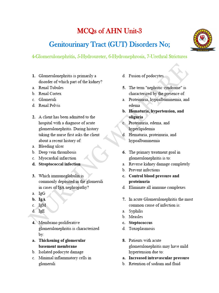 MCQs of AHN Unit-3 GUT Disorders No 4-Glomerulonephritis, 5-Hydroureter, 6-Hydronephrosis, 7 ...