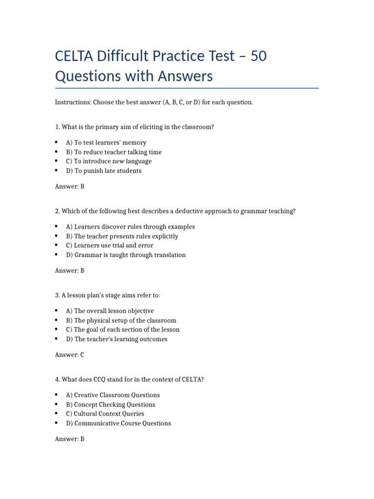 CELTA Practice Test with Answers | PDF | Teachers | Vocabulary