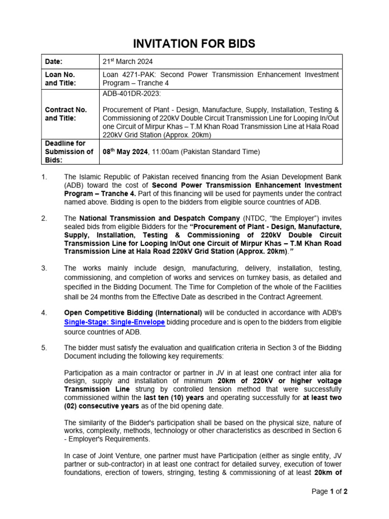 ADB Invitation for 220kV Transmission Line Bids | PDF