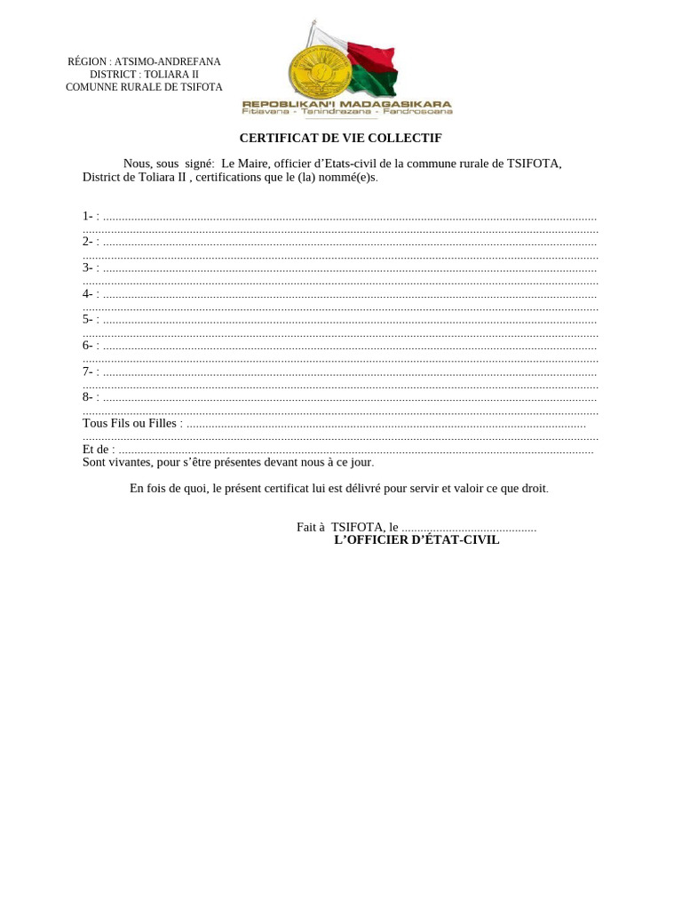Certificat de Vie Collectif à Tsifota | PDF