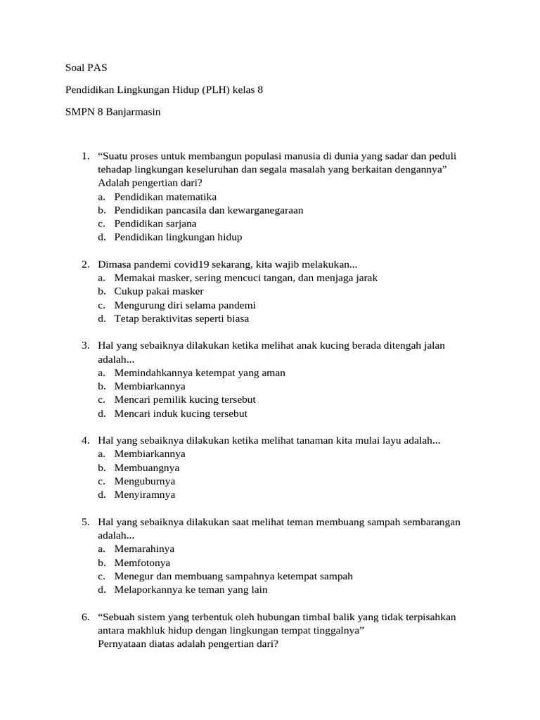 SOAL PAS PLH KELAS 8 | PDF