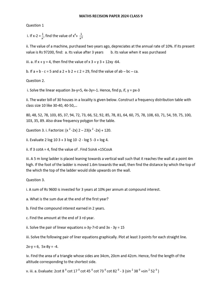 Class 9 Maths Recision Paper 2024 | PDF