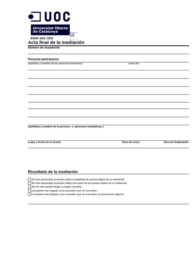 MODELO Acta Final Mediación 2018 | PDF