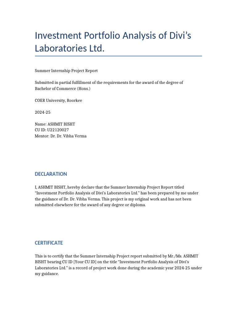 Divi's Laboratories Investment Analysis | PDF | Modern Portfolio Theory ...