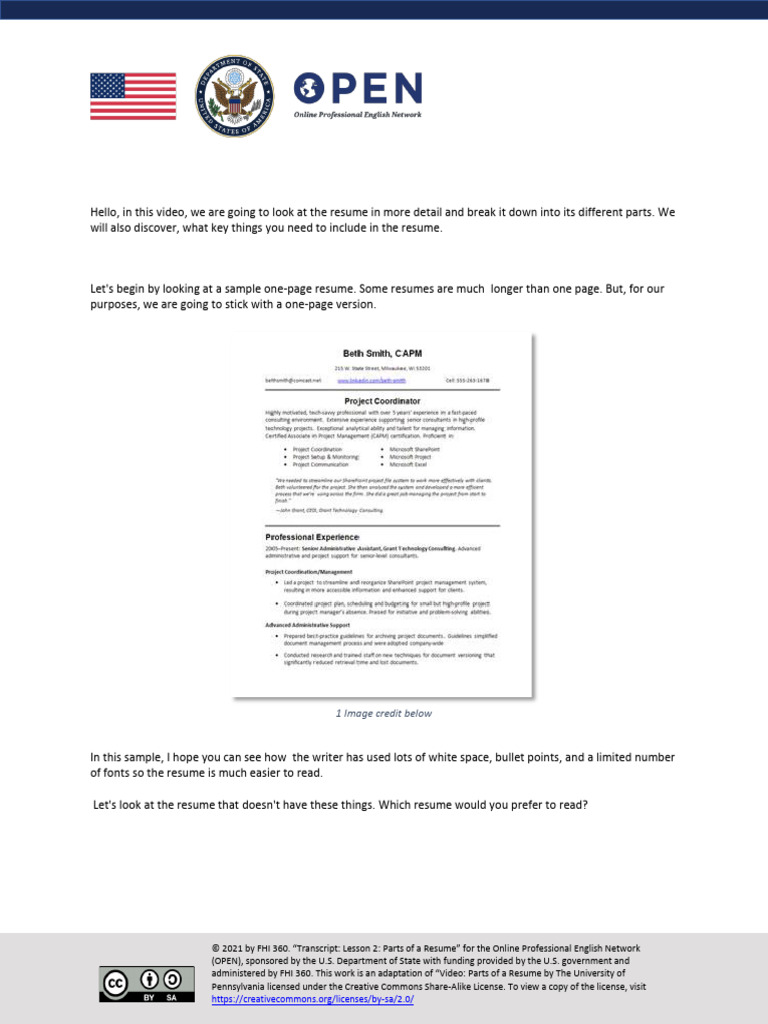 Transcript Lesson 2 Parts of A Resume | PDF | Résumé