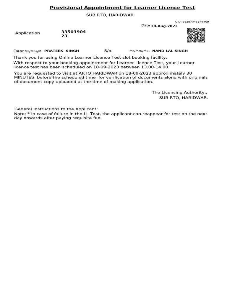 Learner Licence Test Appointment Notice | PDF