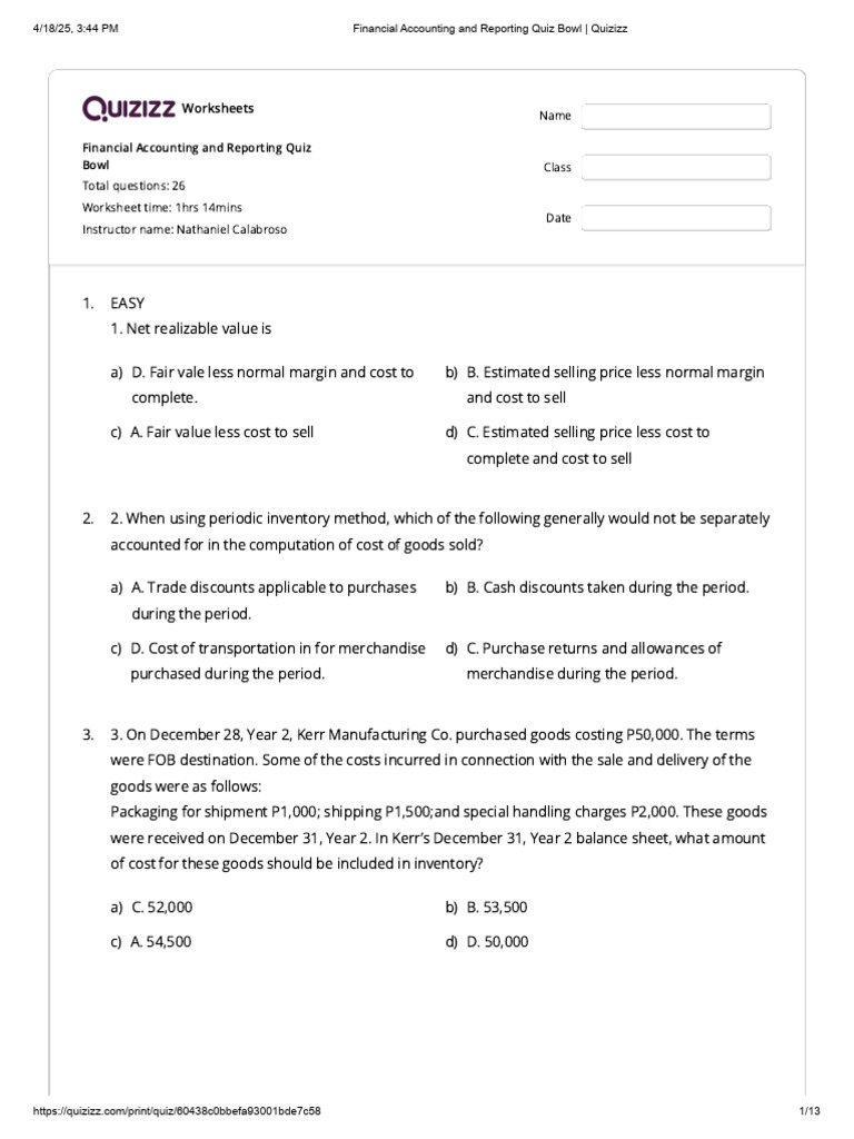 Financial Accounting and Reporting Quiz Bowl - Quizizz | PDF | Debits ...