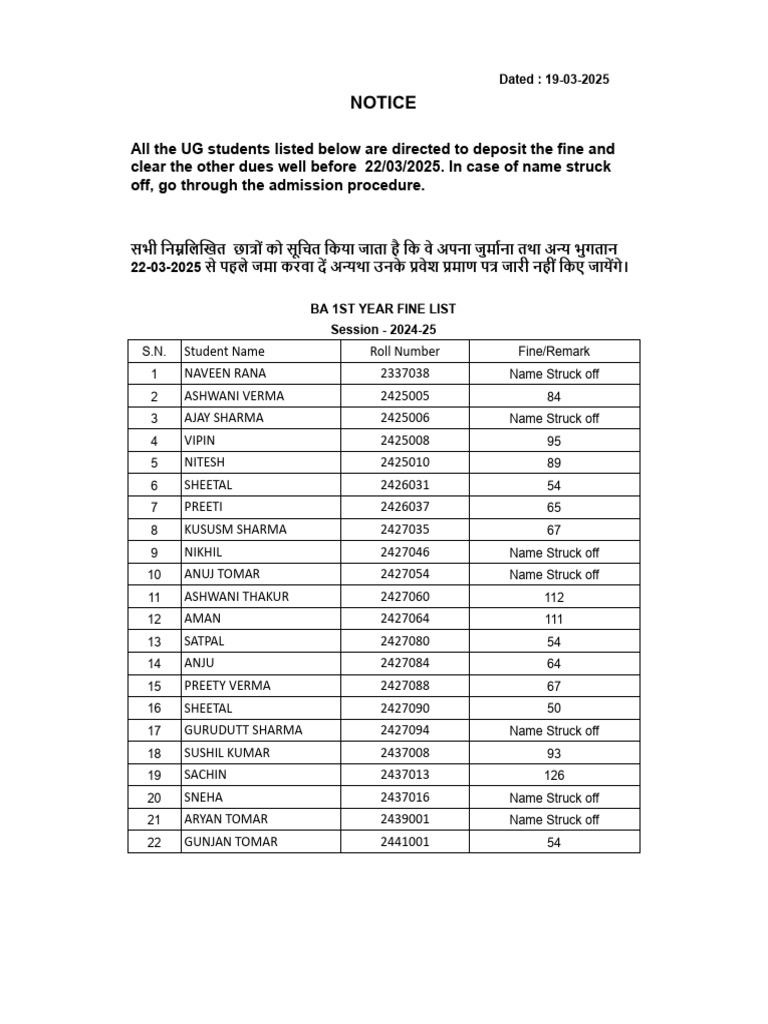 Loyola School Bilaspur Fine Notice | PDF