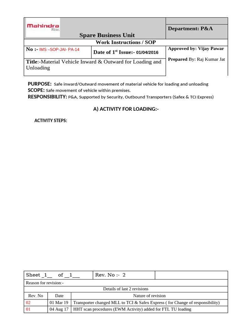 SOP 14 Material Vehicle Inward and Outward For Loading and Unloading | PDF