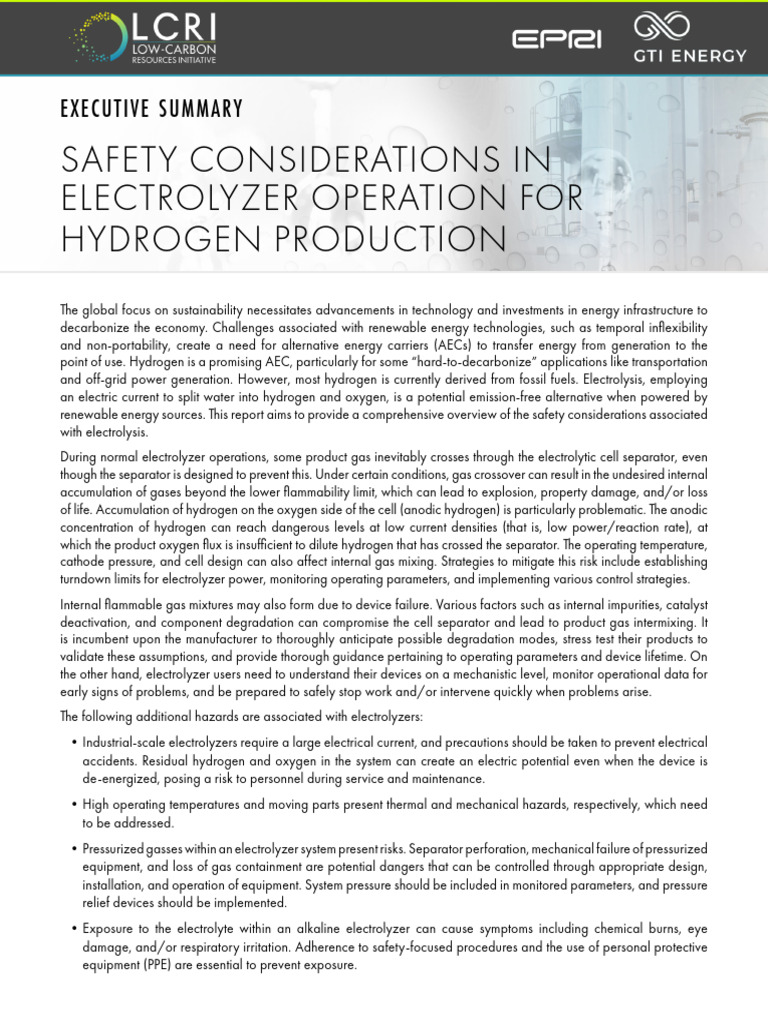 Executive Summary - Safety Considerations in Electrolyzer Operation For Hydrogen Production ...