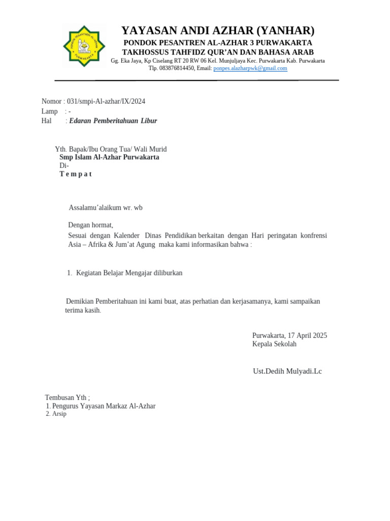 Surat Pemberitahuan Libur | PDF