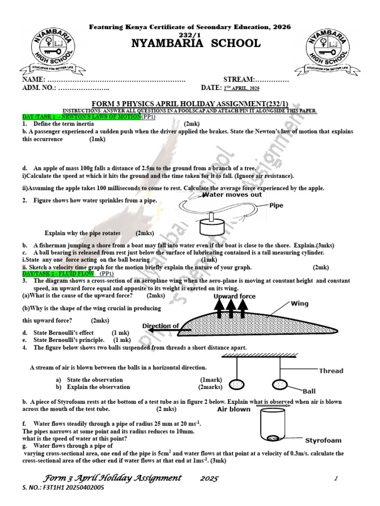 Form 3 April Holiday Assignment 2025 Phy | PDF | Force | Mechanical Engineering
