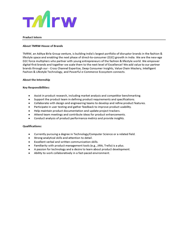 Product Design Internship at TMRW | PDF