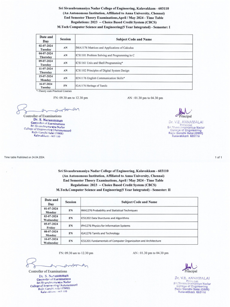 759591586-Este Mtech Cse (5 Year Integrated) I To II Sem April 2024 - r2023 | PDF