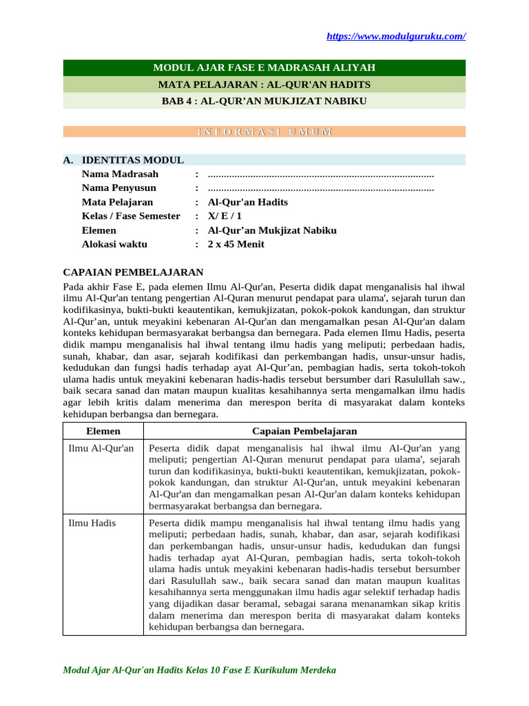 Modul Ajar Al-Qur'an Hadits Kelas 10 Fase E Bab 4 [modulguruku.com] | PDF
