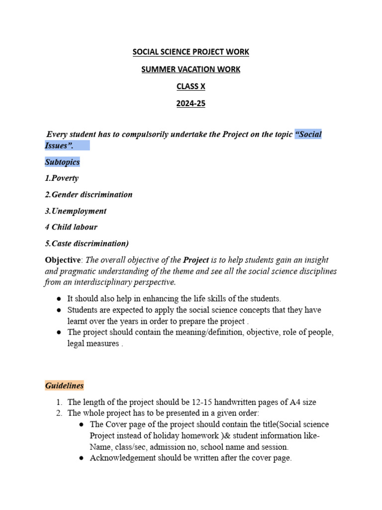 Class 10 Social Issues Project Guide | PDF